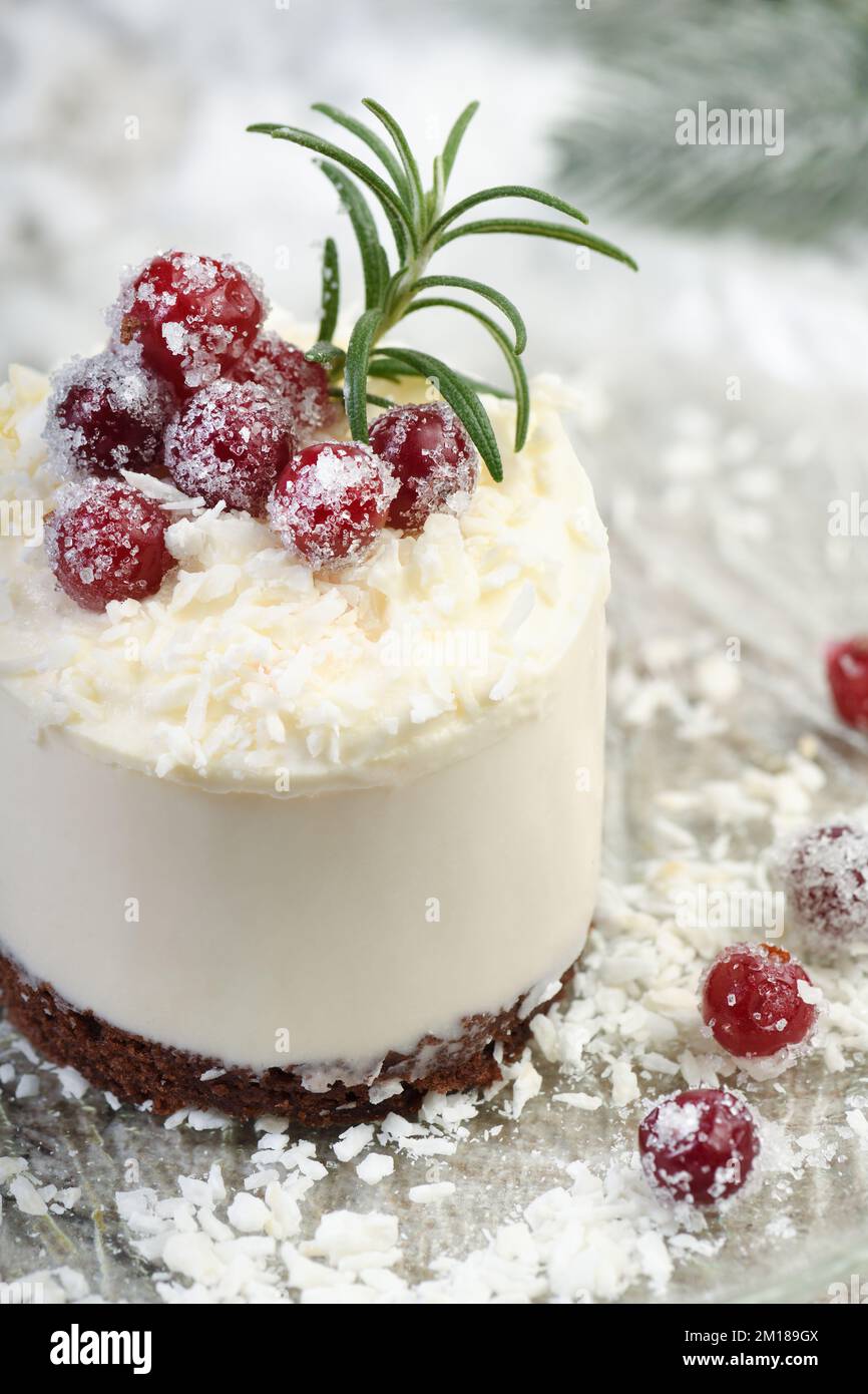 Mousse cakes with coconut cream and Greek yogurt over chocolate cake ...