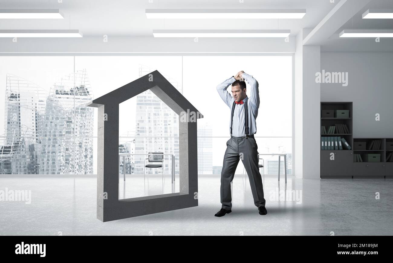 Stone home silhouette as symbol for real estate insurance crashed by ...
