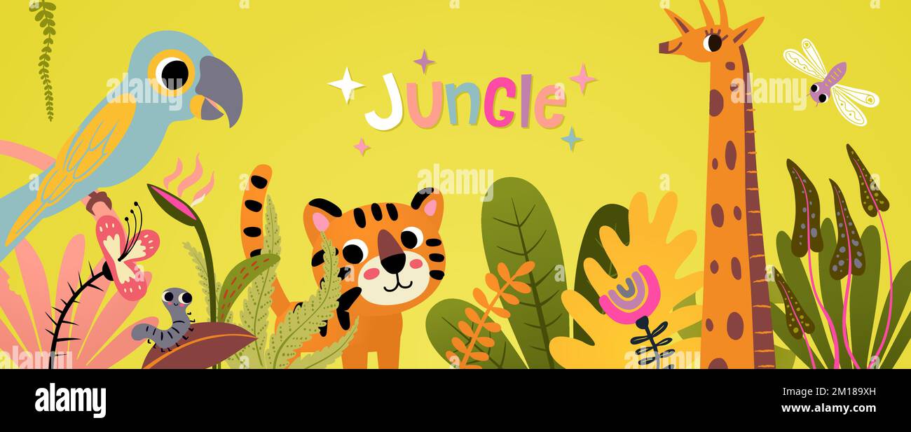 Cartoon kids jungle Tropical horizontal banner Stock Vector Image & Art ...