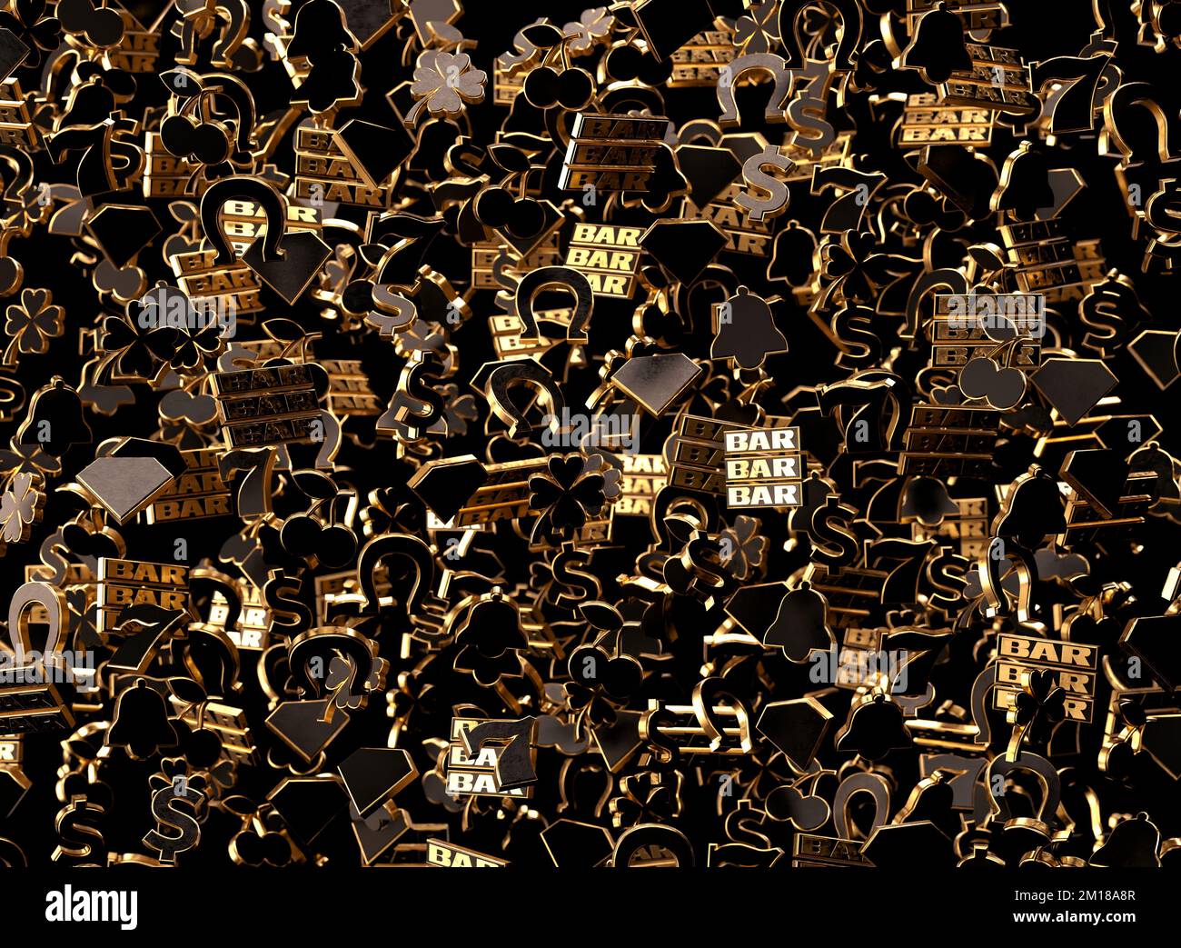 An array of black and gold casino slot bar, seven, cherry and horseshoe ...