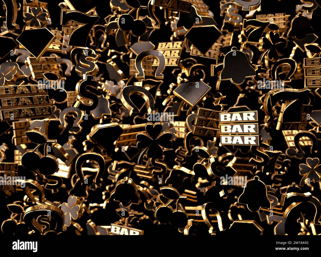 An array of black and gold casino slot bar, seven, cherry and horseshoe ...