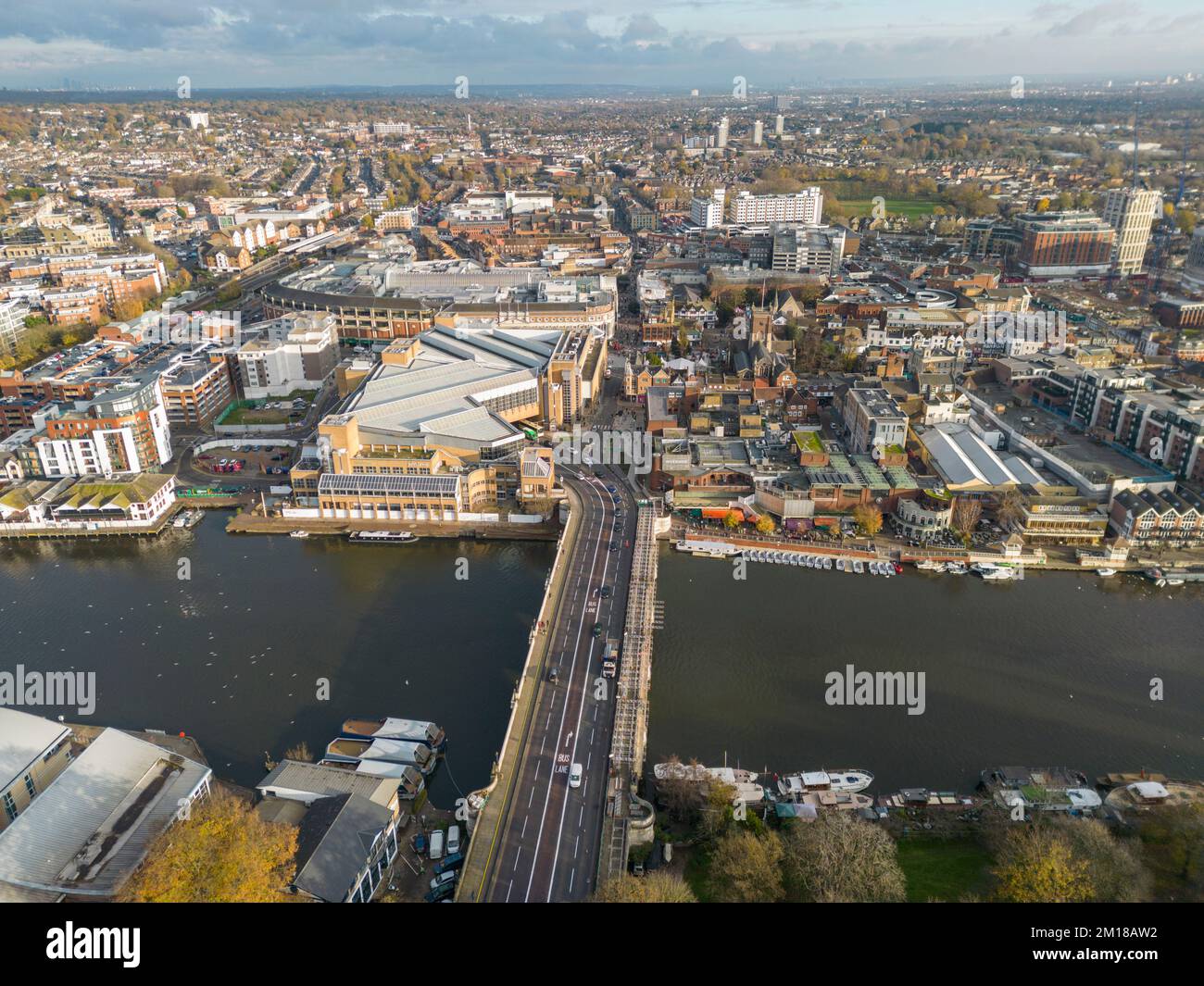 Aerial view of the River Thames at Kingston Upon Thames, Surrey, UK ...