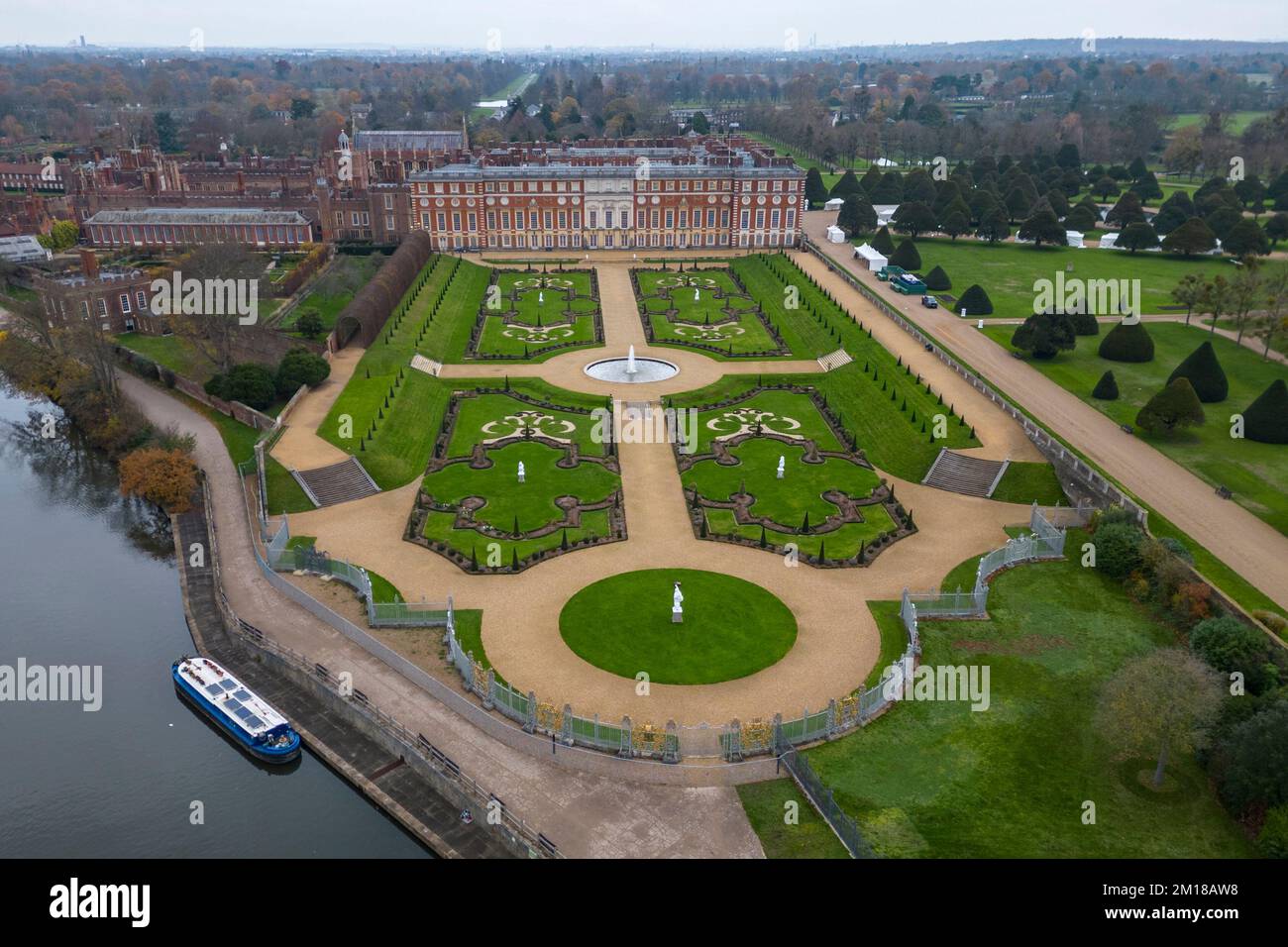 Aerial view of the Privy Garden at Hampton Court Palace, Surrey, UK ...