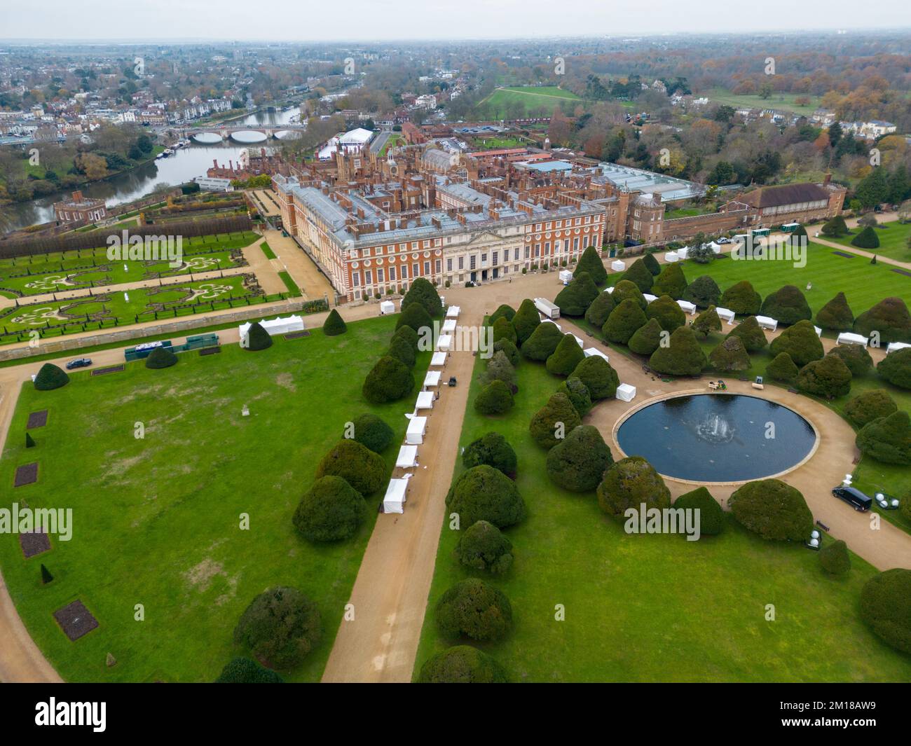 Aerial view of the Great Fountain Garden, Hampton Court Palace, Surrey ...
