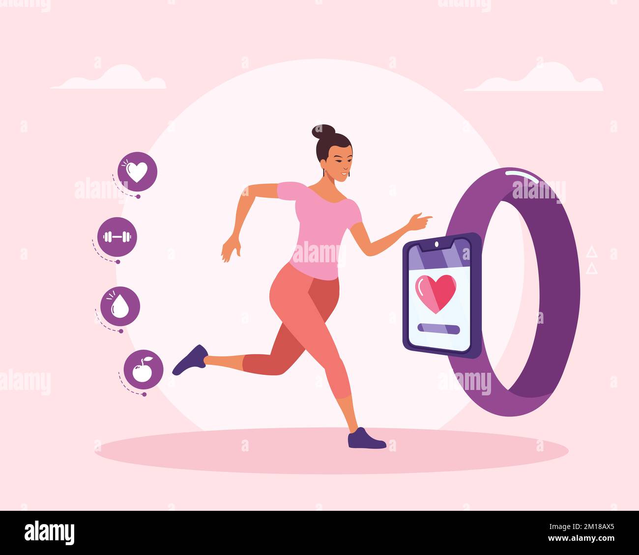 Woman running healthy icons and exercise data in smartwatch. Vector ...