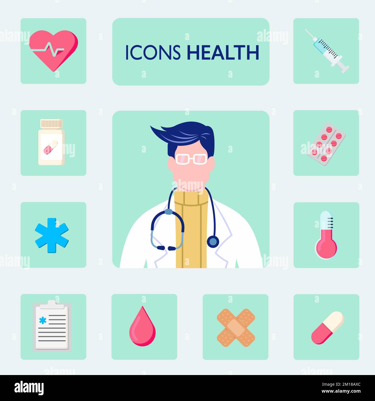 Doctor or pharmacist and a set of health icons. Vector illustration ...