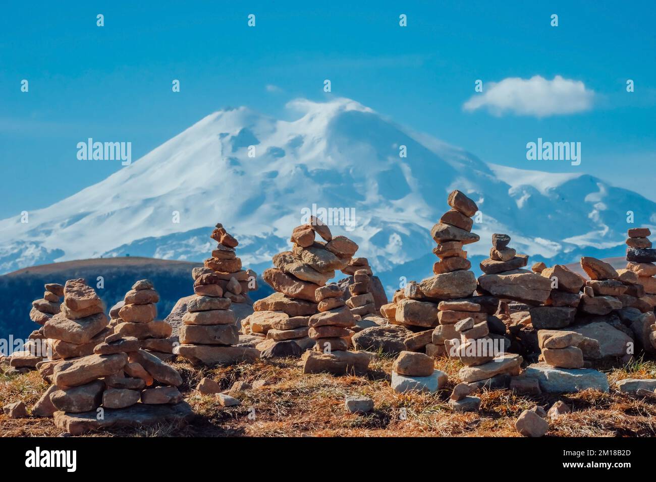 The Garden of Stones with Mount Elbrus as a backdrop. Pyramids of ...