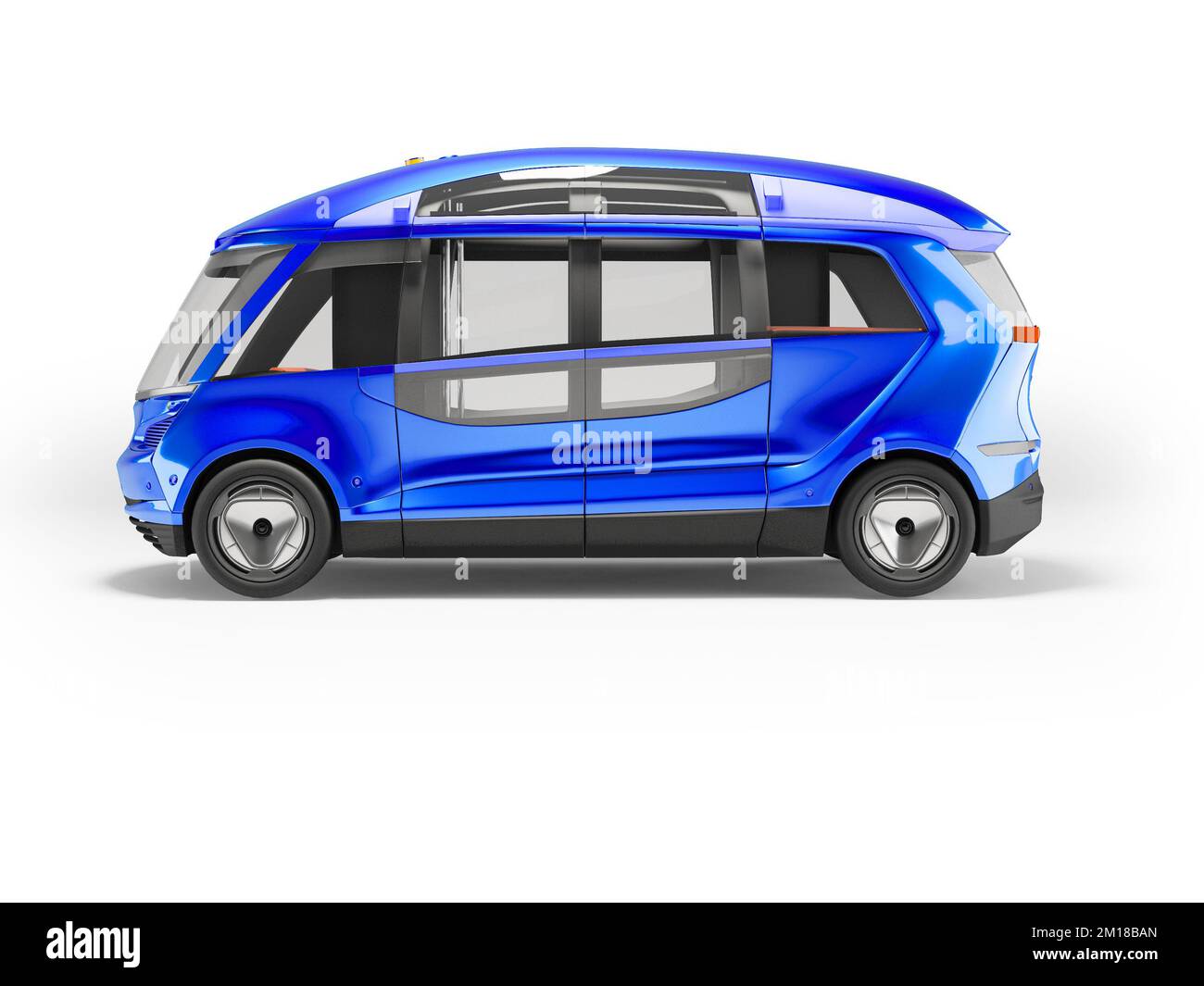 3d illustration blue unmanned electric bus side view on white ...
