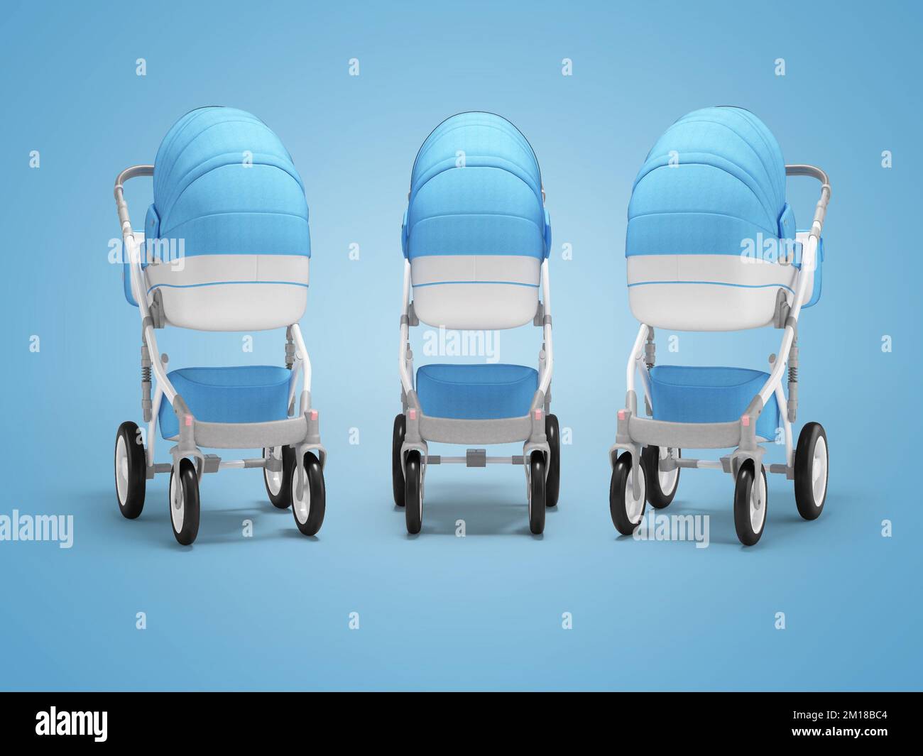 3d illustration of group of baby carriages cradle with basket for walks ...