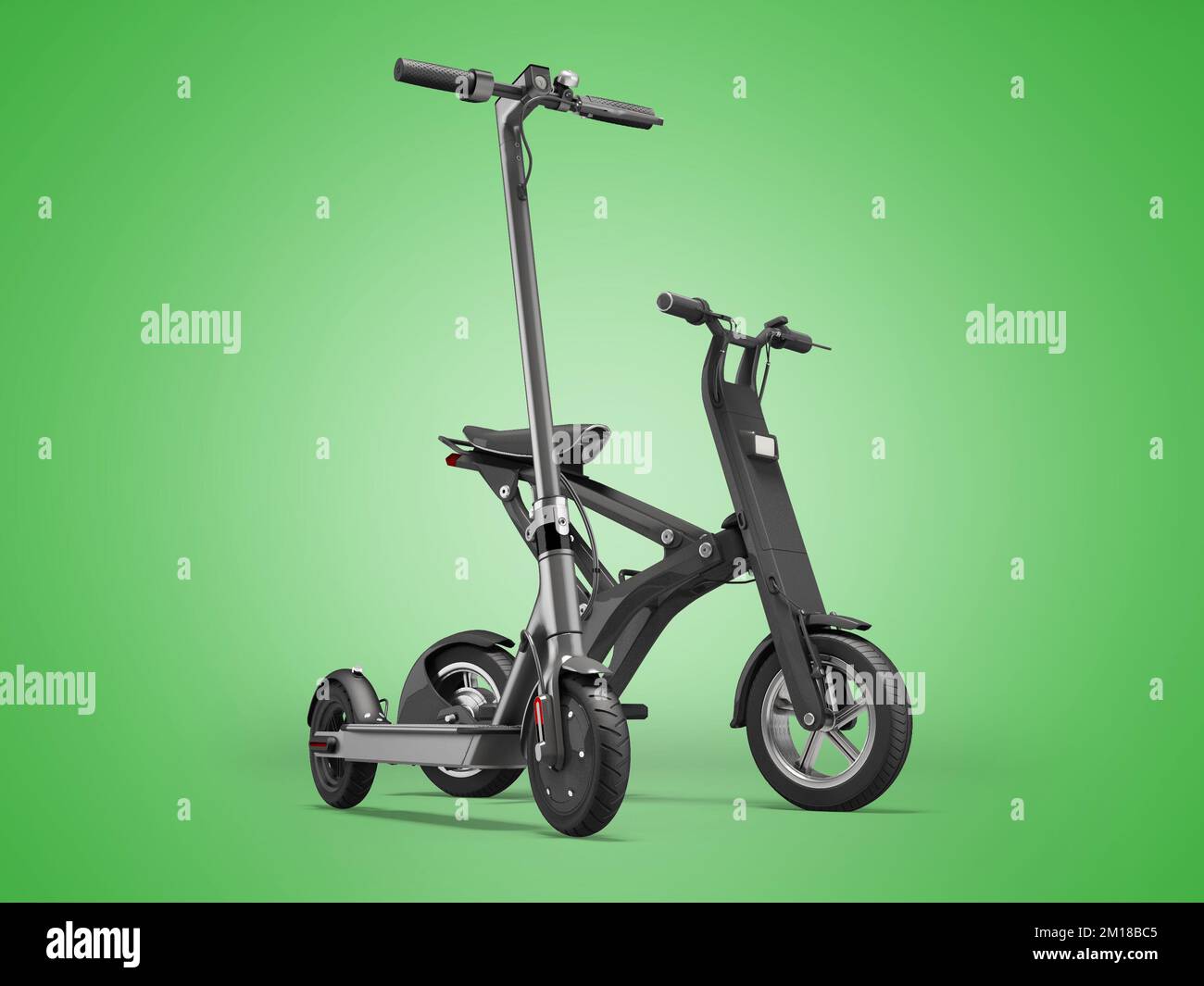 3D illustration of group of electric scooters and electric motorcycles ...