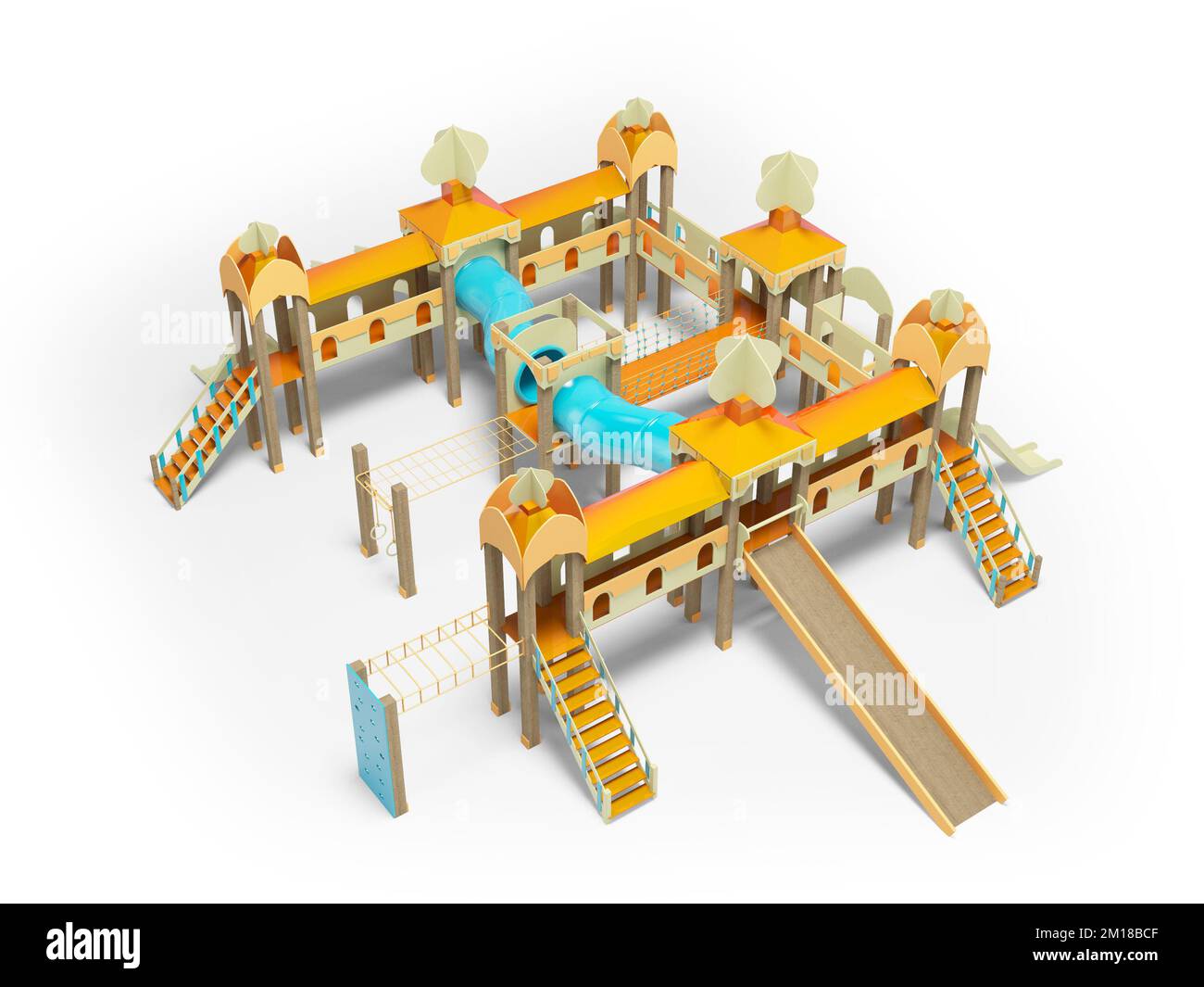 3D illustration of large playground complex for children with slides on ...