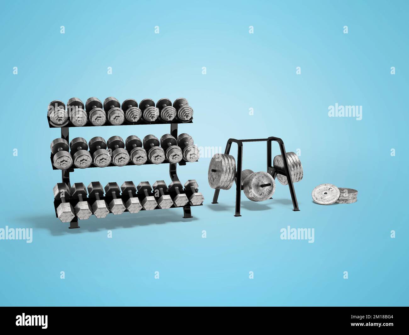 3d illustration of dumbbells and barbell discs for weightlifters on ...