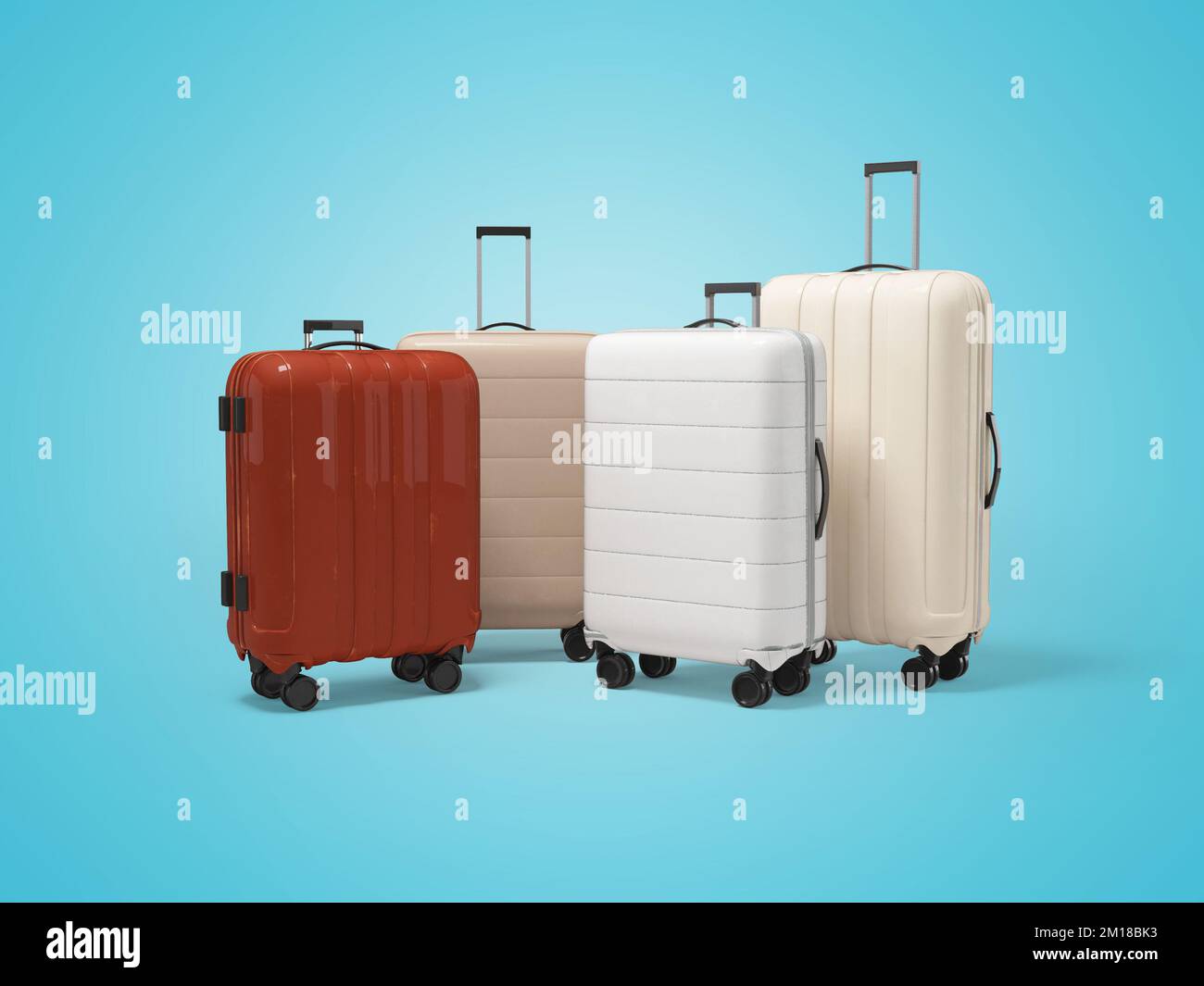 3d illustration of modern suitcases on wheels for travel on blue ...