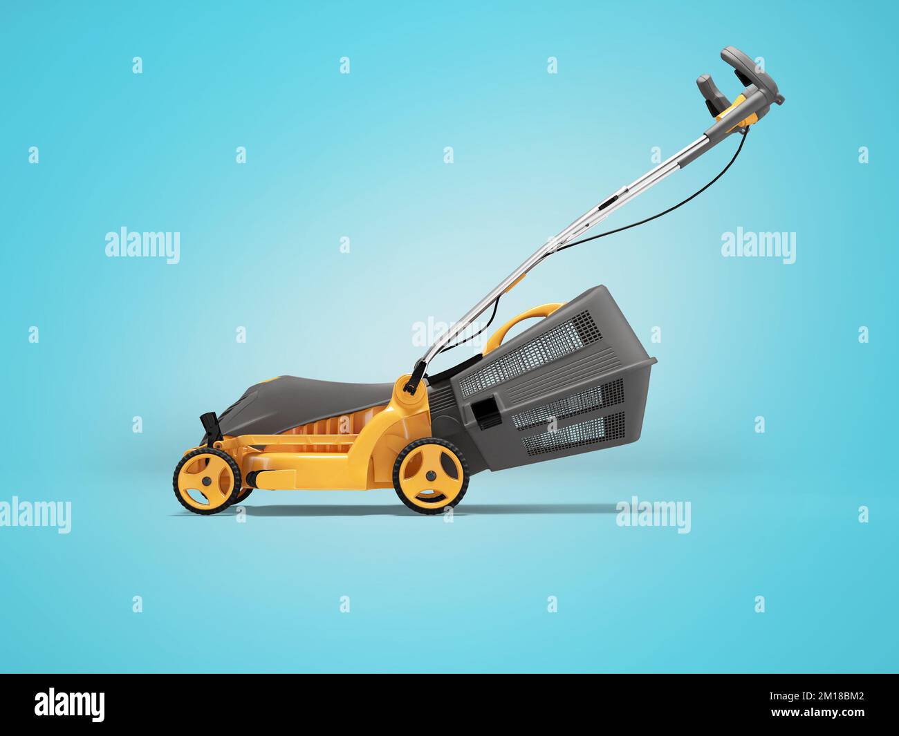 3d illustration of orange professional electric lawnmower with grass ...
