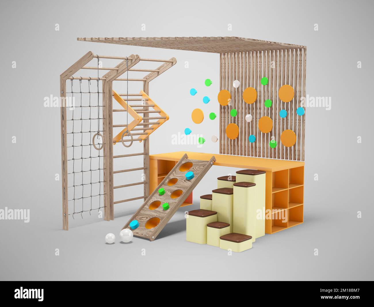 3D illustration of play complex in room for children on gray background ...