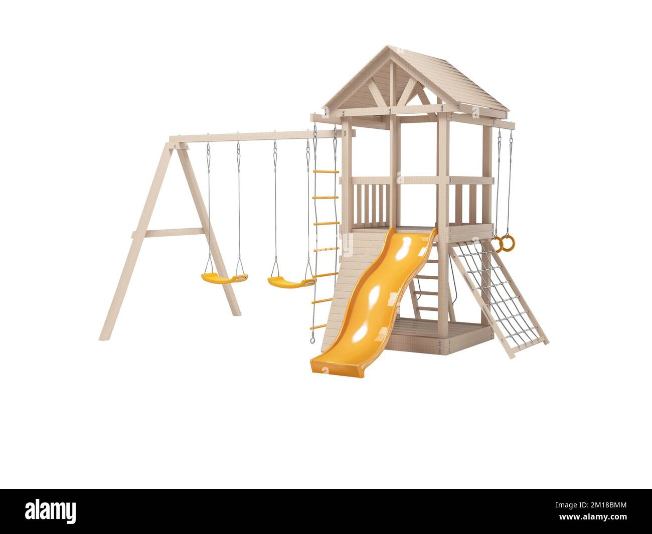 3d illustration of wooden playground with swing and slide for games ...