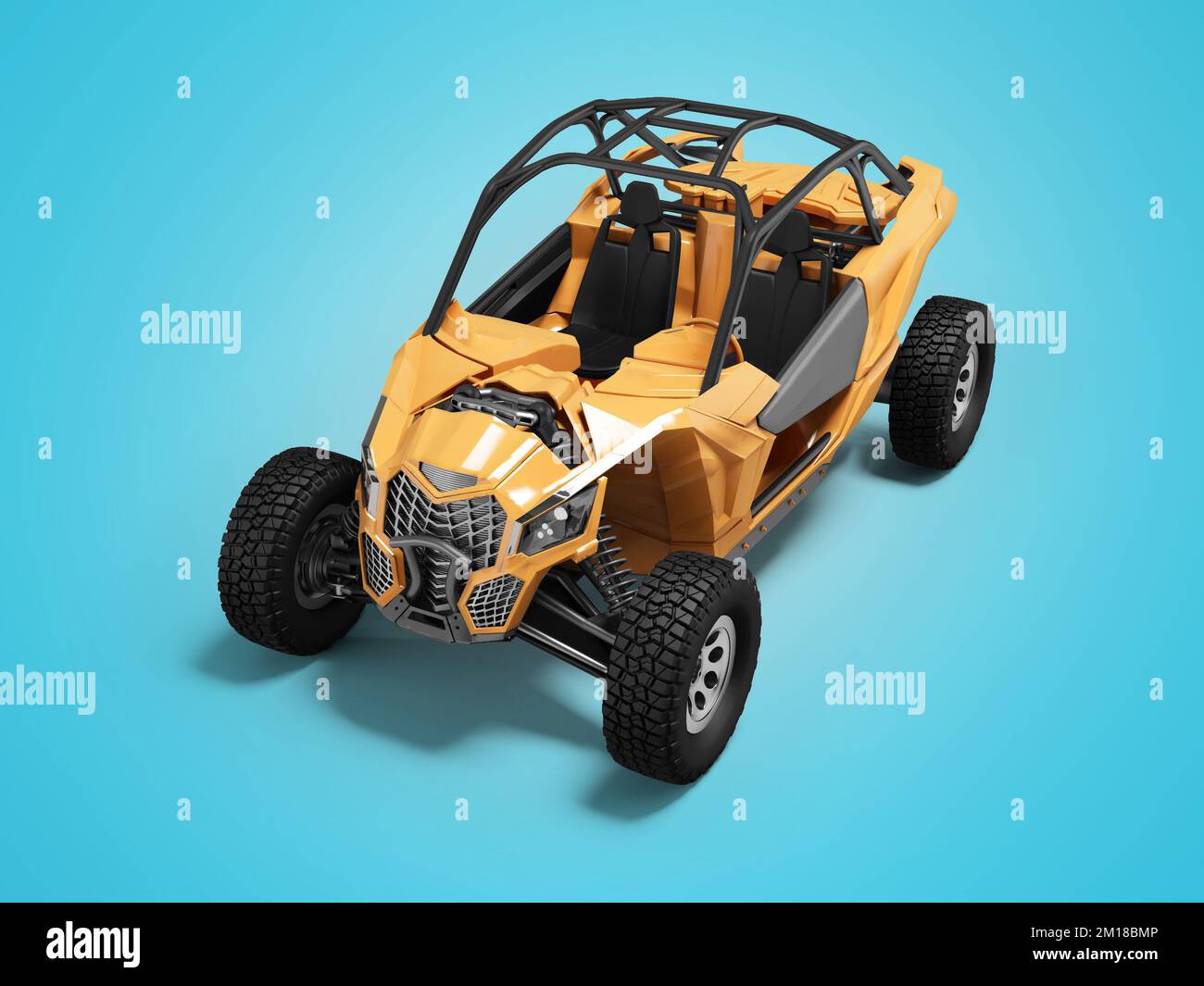 3d illustration perspective view of orange rally car on blue background ...