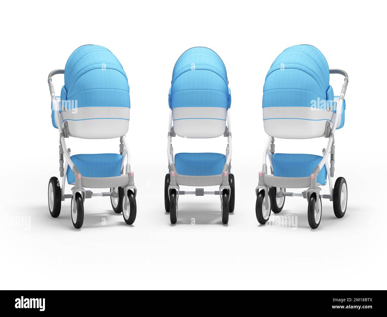 3d illustration of group of baby carriages cradle with basket for walks ...