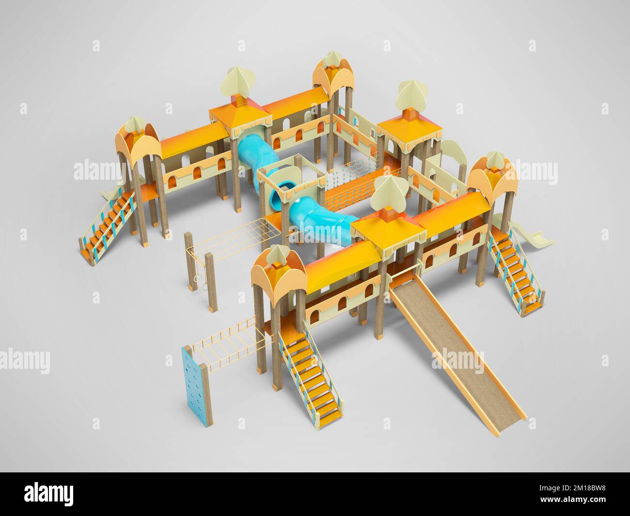 3D illustration of large playground complex for children with slides on ...