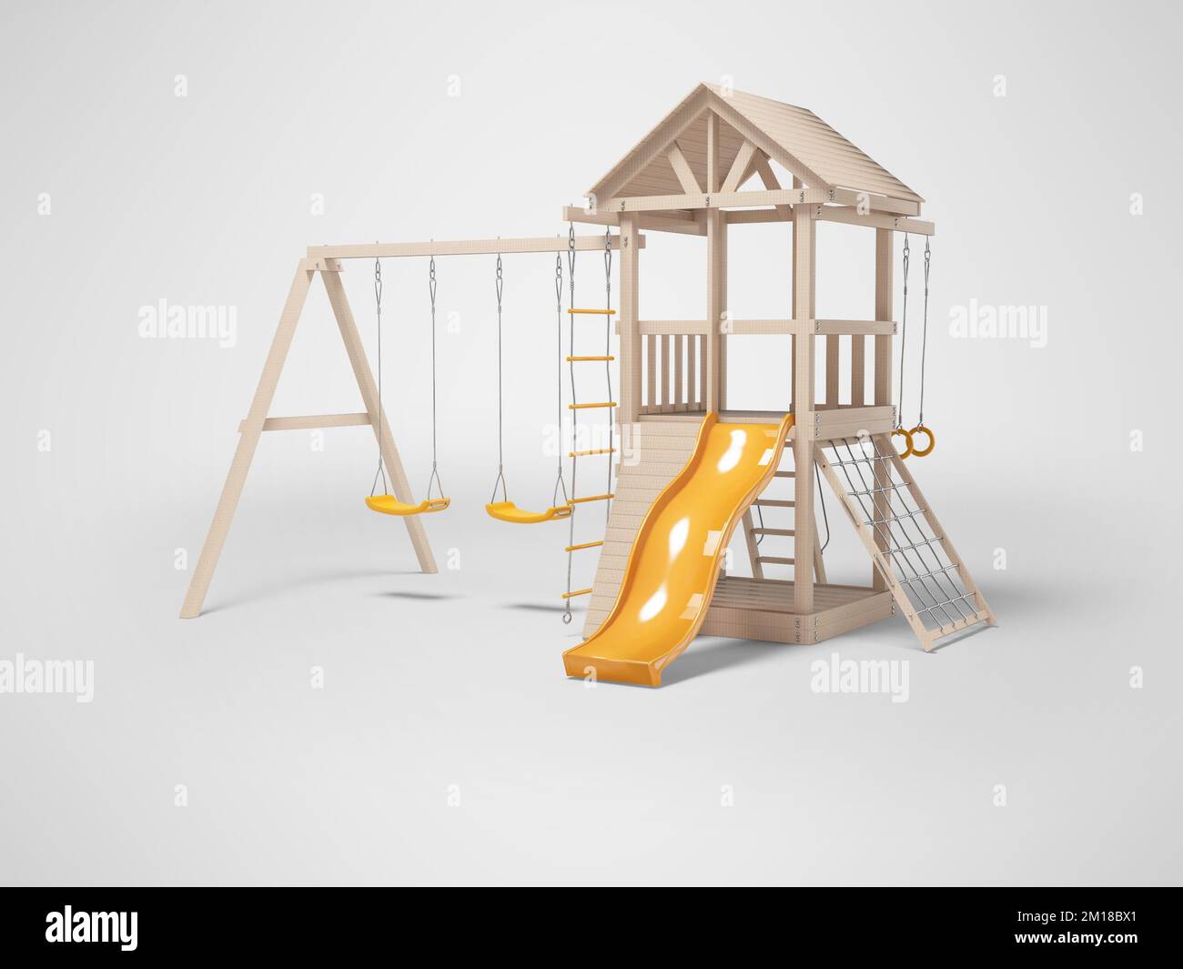 3d illustration of wooden playground with swing and slide for games ...