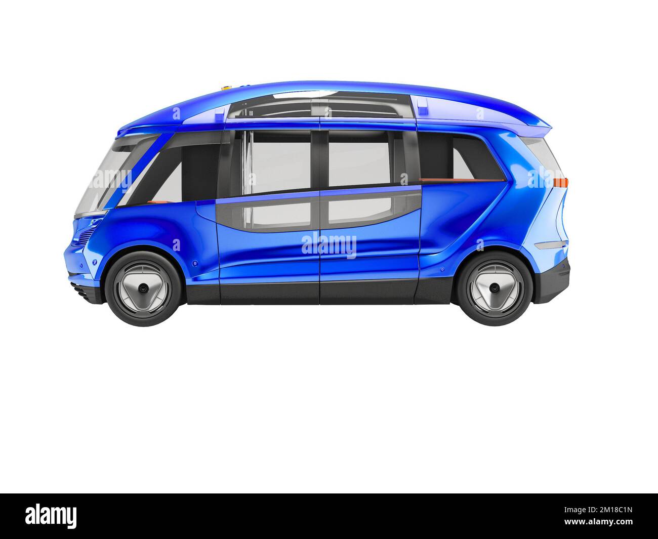 3d illustration blue unmanned electric bus side view on white ...
