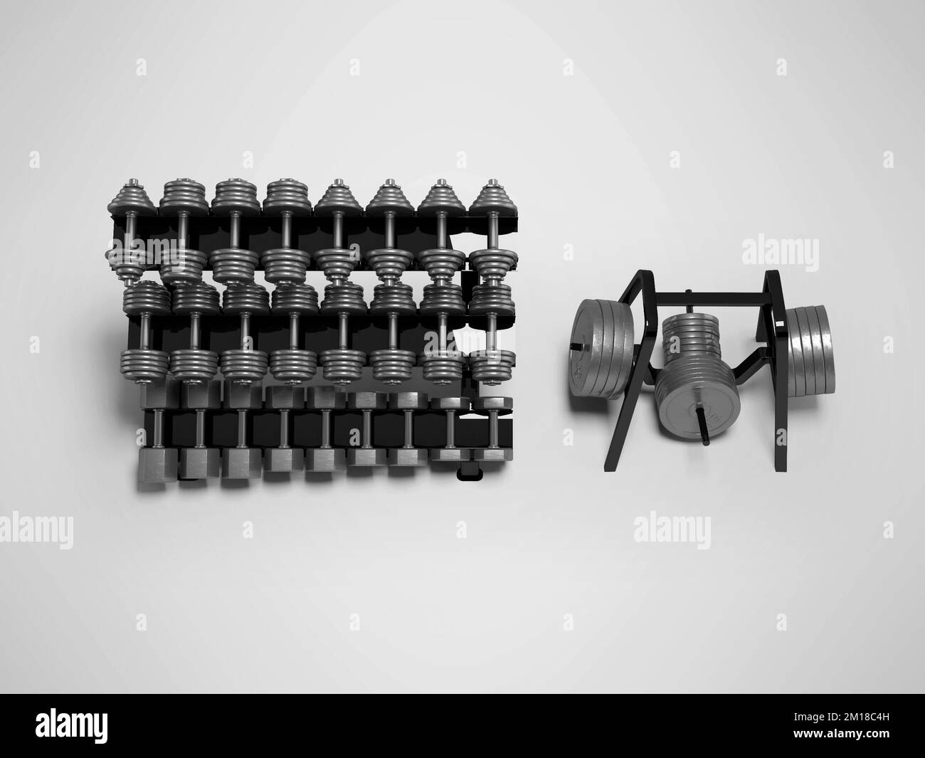 3D illustration of dumbbells and barbell discs on metal stand on gray background with shadow ...