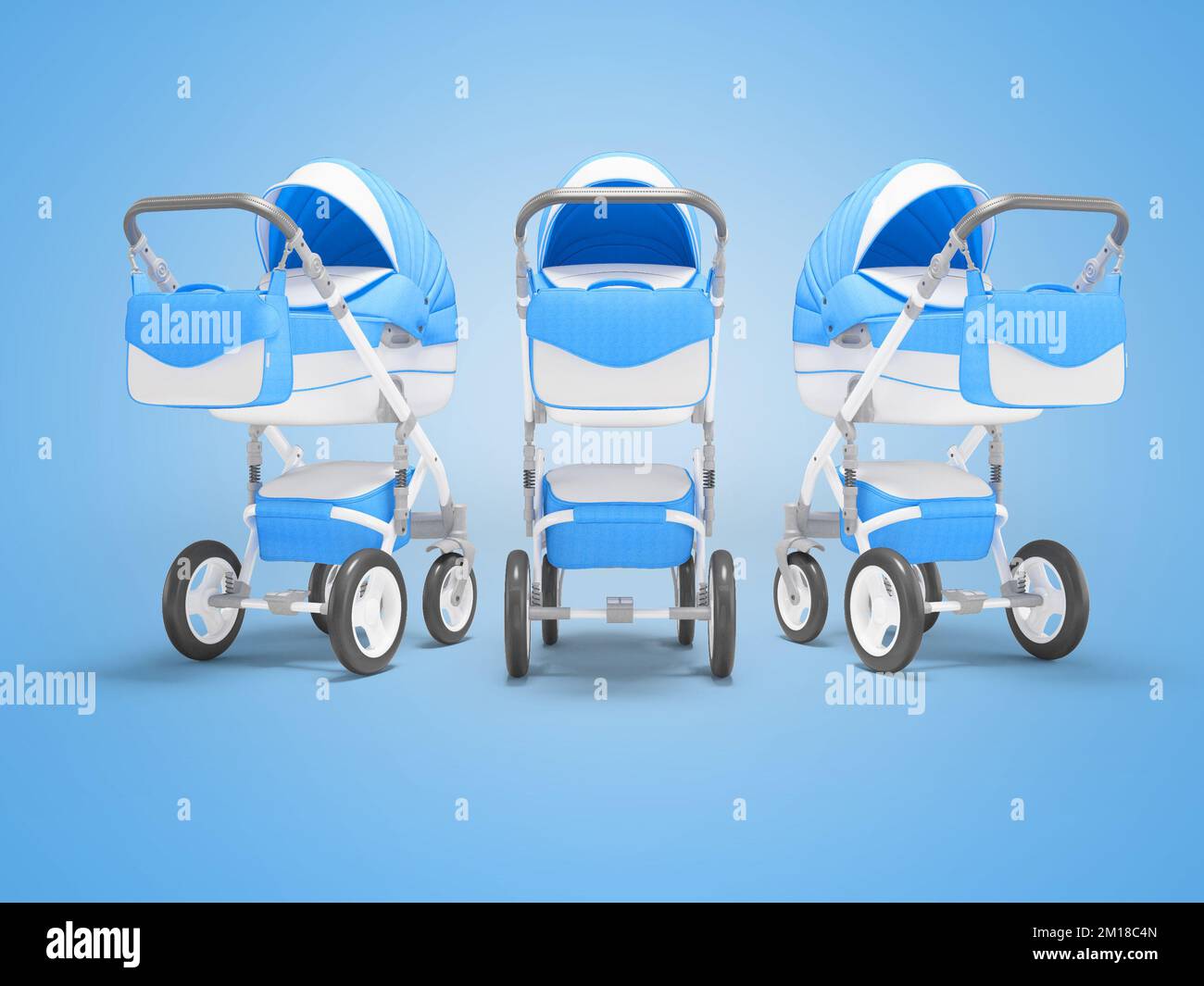 3d illustration of group of baby carriages cradle with basket for walks ...
