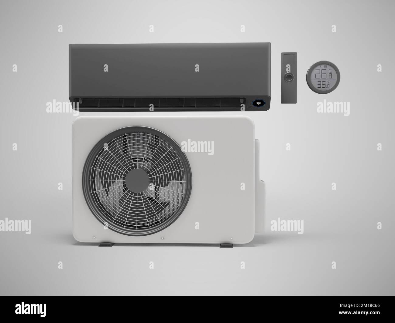 3D illustration of modern set of air conditioners for cooling on gray ...