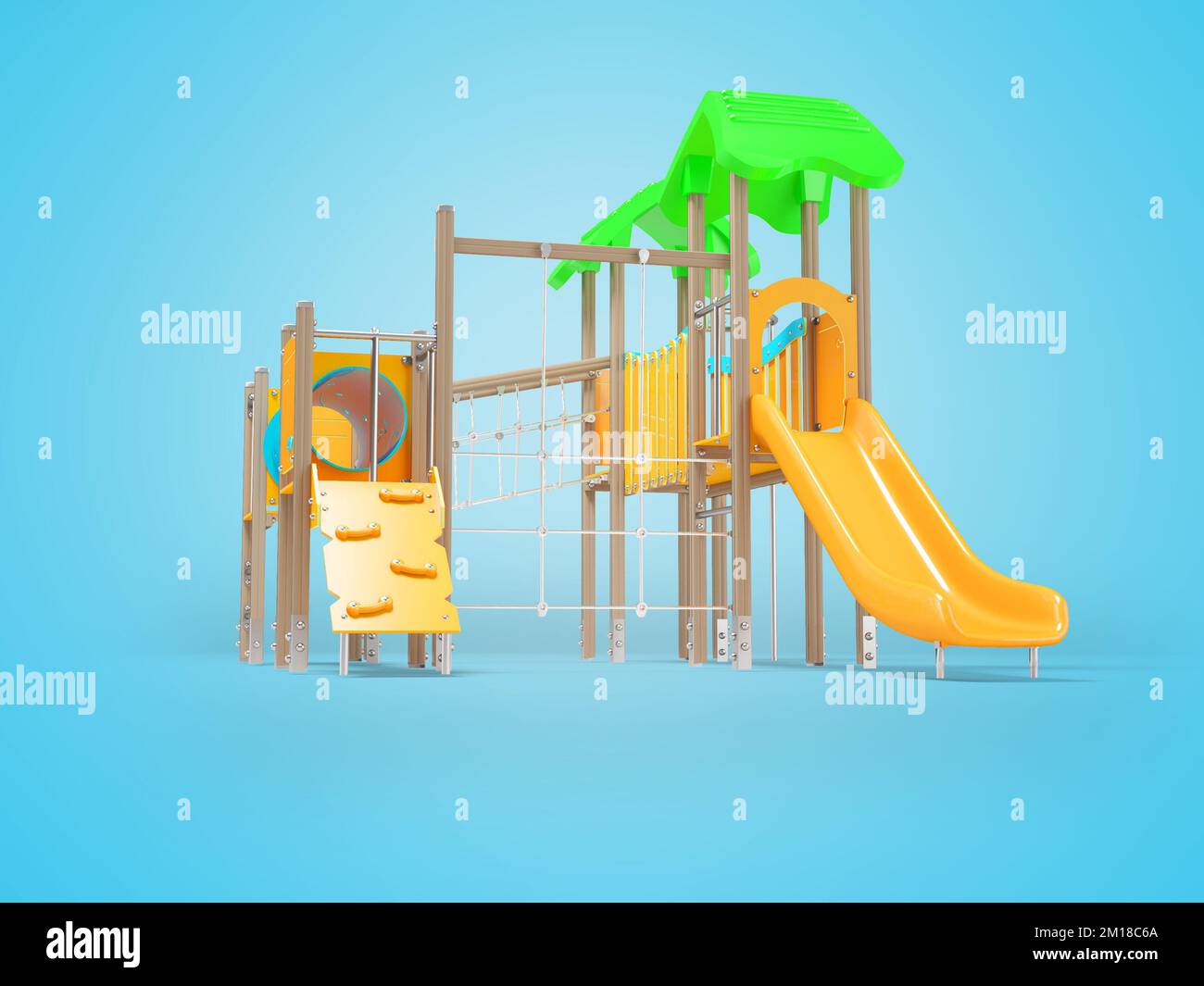 3D illustration of playground complex for children with slide on blue ...