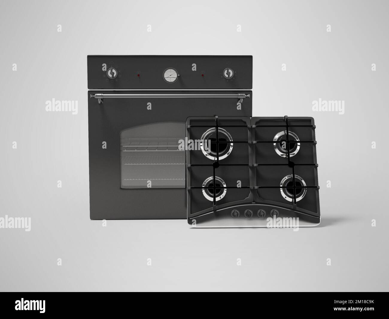 3D illustration of gas stove and oven set on gray background with ...