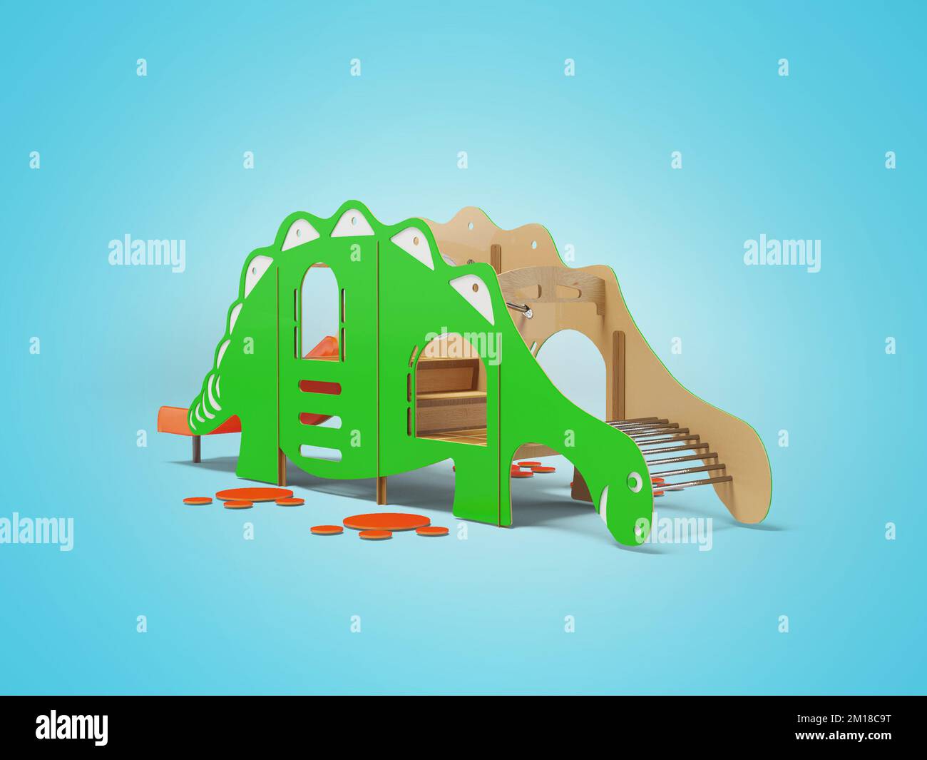 3D illustration of green dinosaur playground for children on blue ...