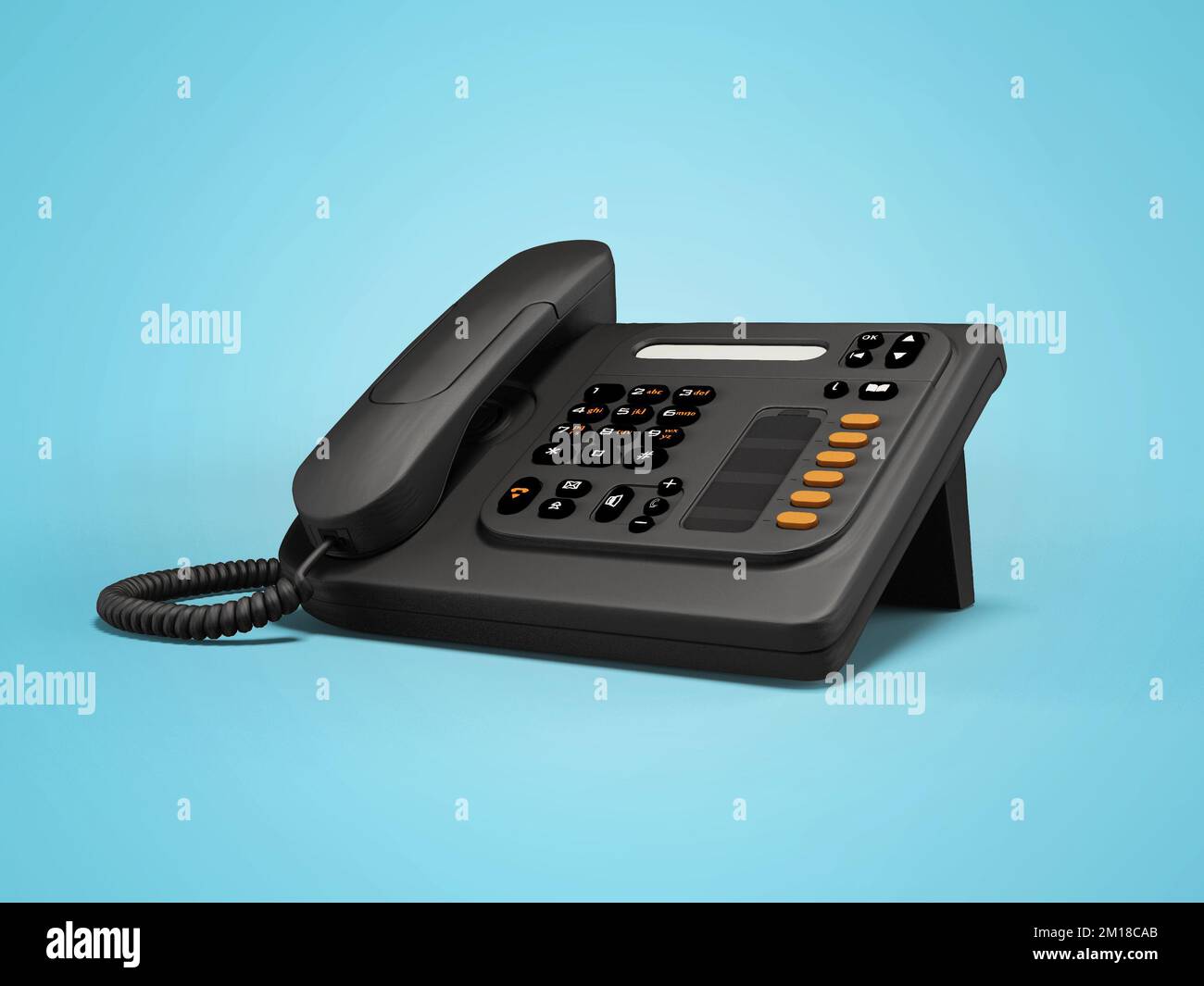 3d illustration of landline classic black corded telephone on blue ...