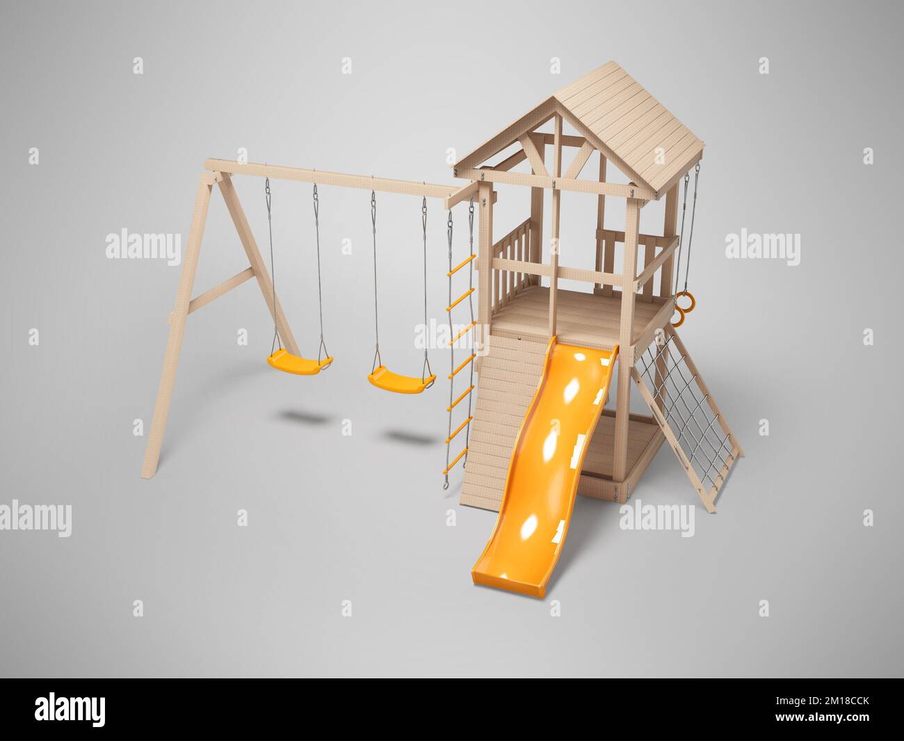 3D illustration of wooden playground with swing and slide for games on ...