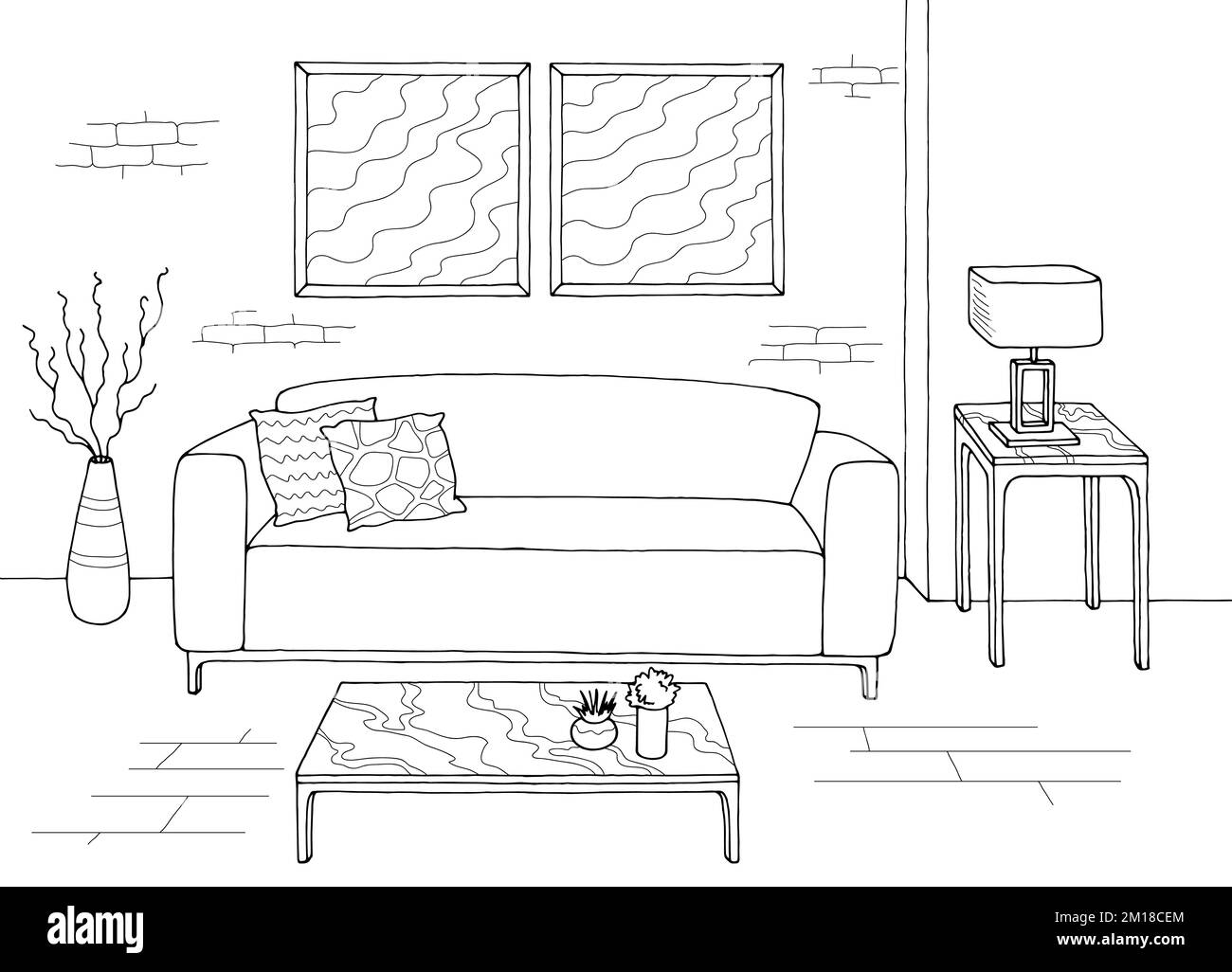Living room graphic black white interior sketch illustration vector ...