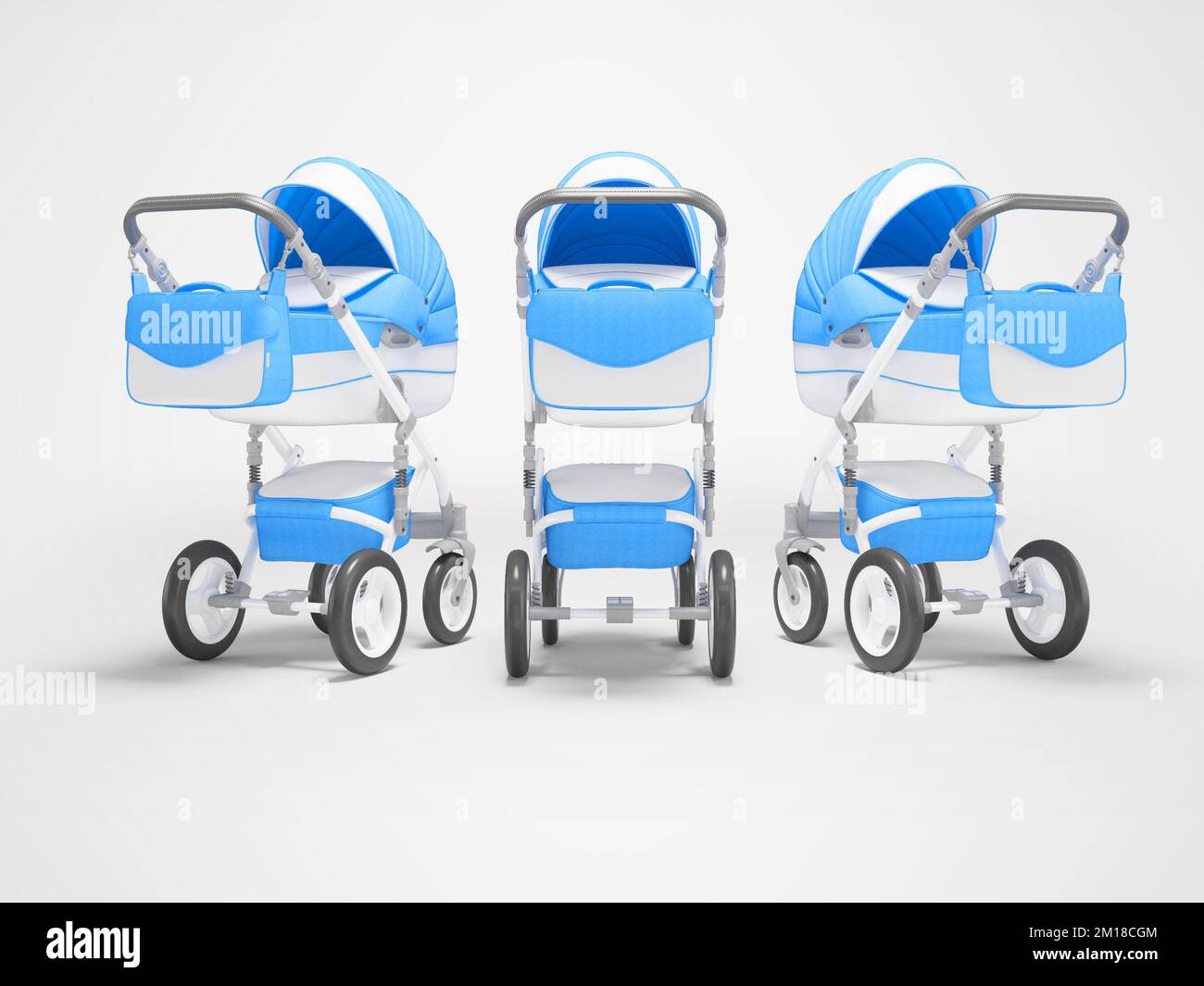 3d illustration of group of baby carriages cradle with basket for walks ...