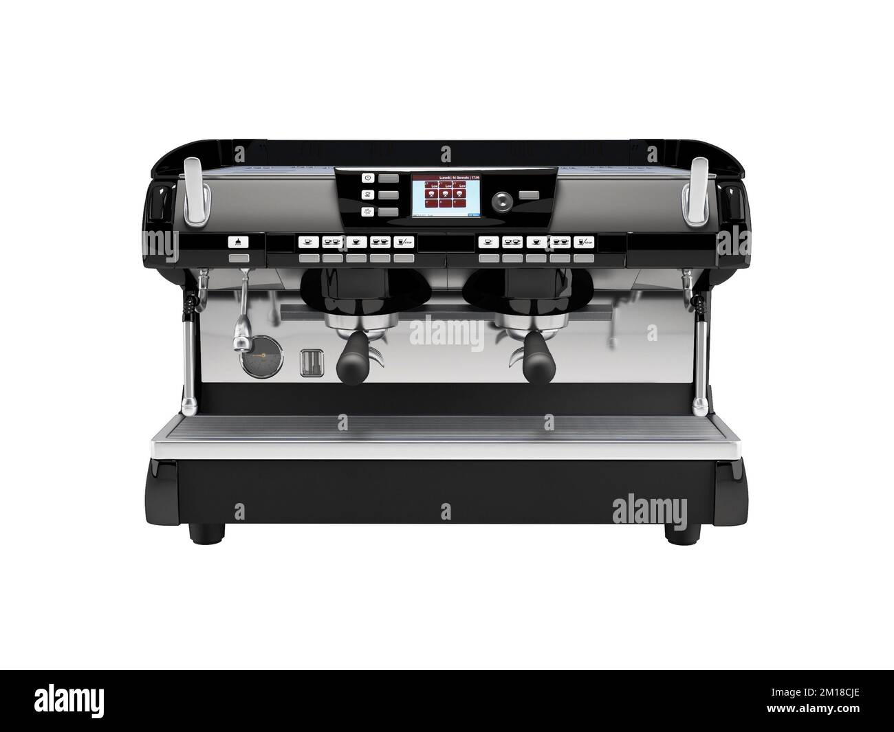 3D illustration of small coffee machine in stylish metal case front ...
