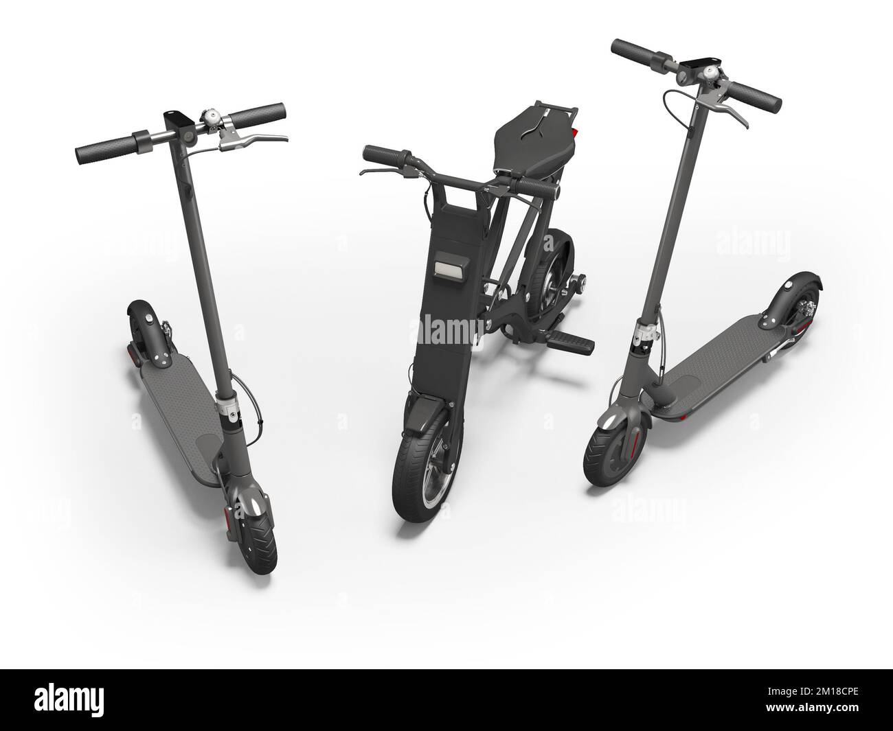 3d illustration of group of modern new electric scooters for tourist ...