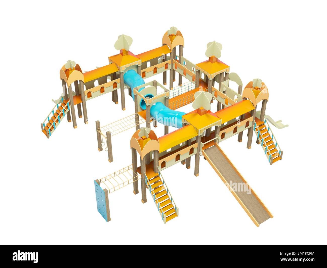 3D illustration of large playground complex for children with slides on ...