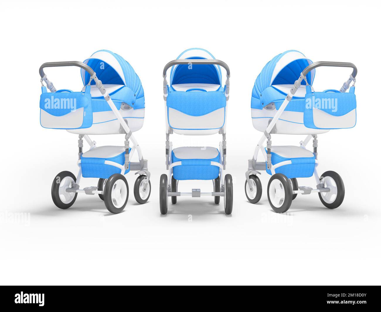 3d illustration of group of baby carriages cradle with basket for walks ...