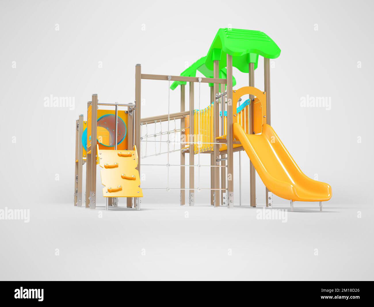 3D illustration of playground complex for children with slide on gray ...