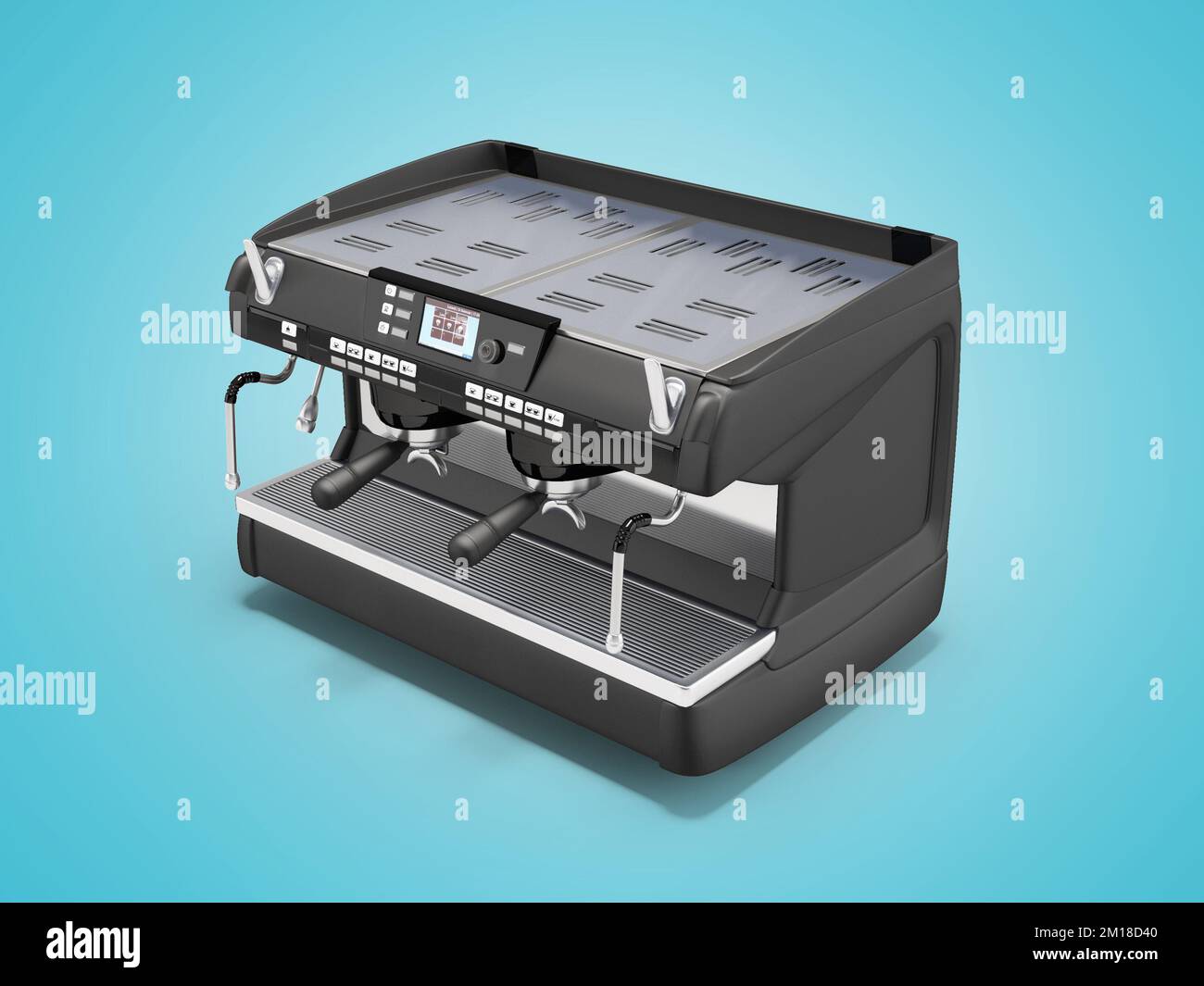 3D illustration of small coffee machine in stylish metal case on blue ...