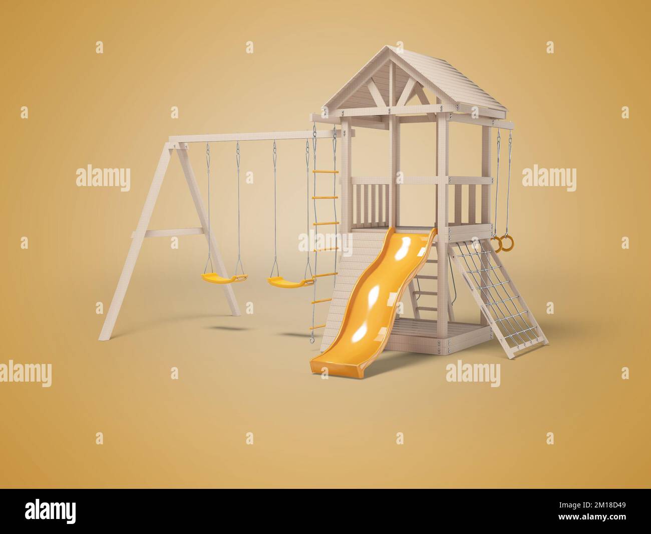 3d illustration of wooden playground with swing and slide for games ...