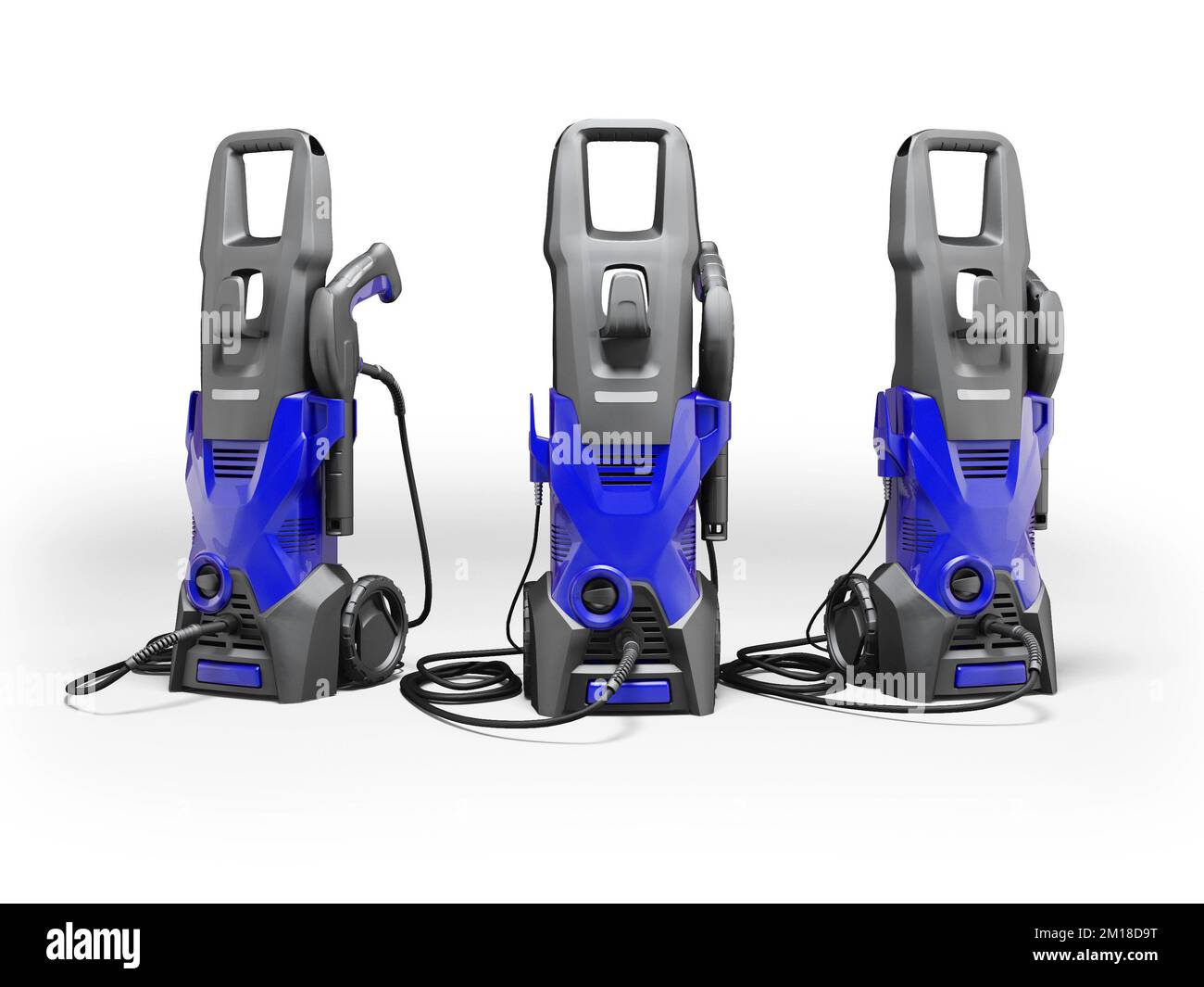 3D illustration of group of electric mini high- pressure washers for ...