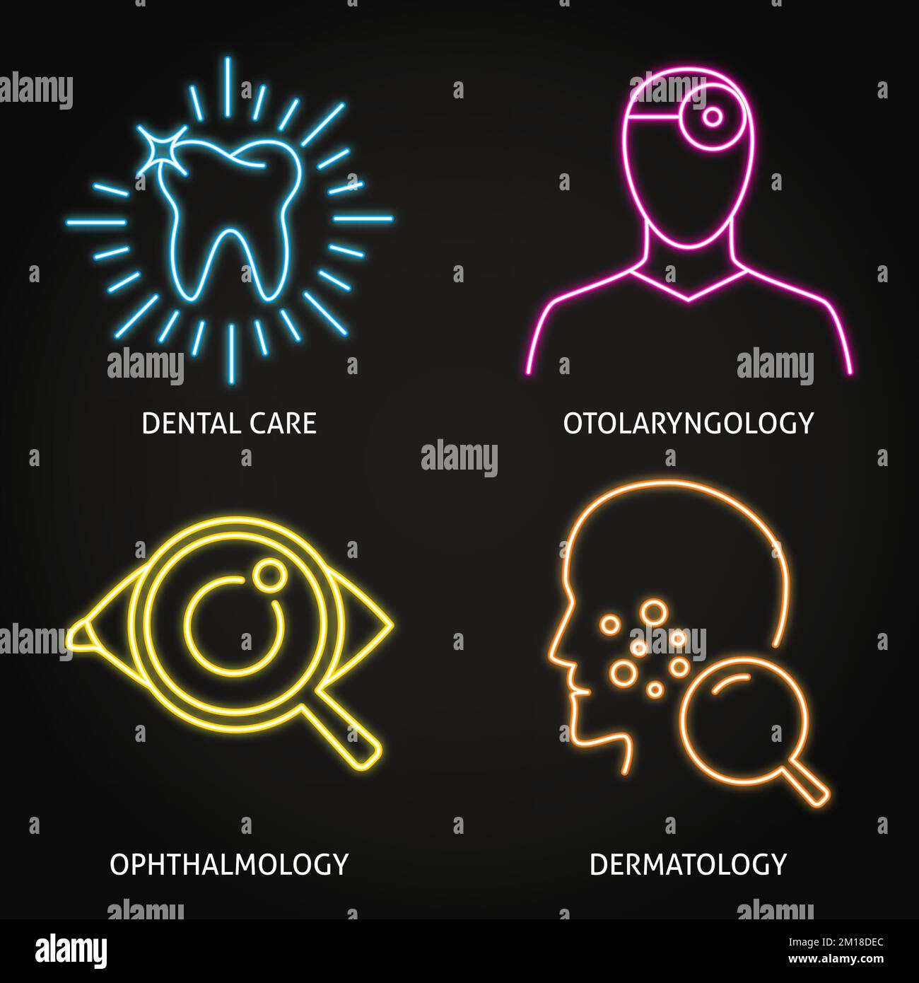 Medical specializations neon icon set. Dental care, otolaryngology ...