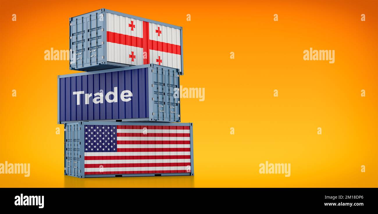 Cargo containers with USA and Georgia national flags. 3D Rendering ...