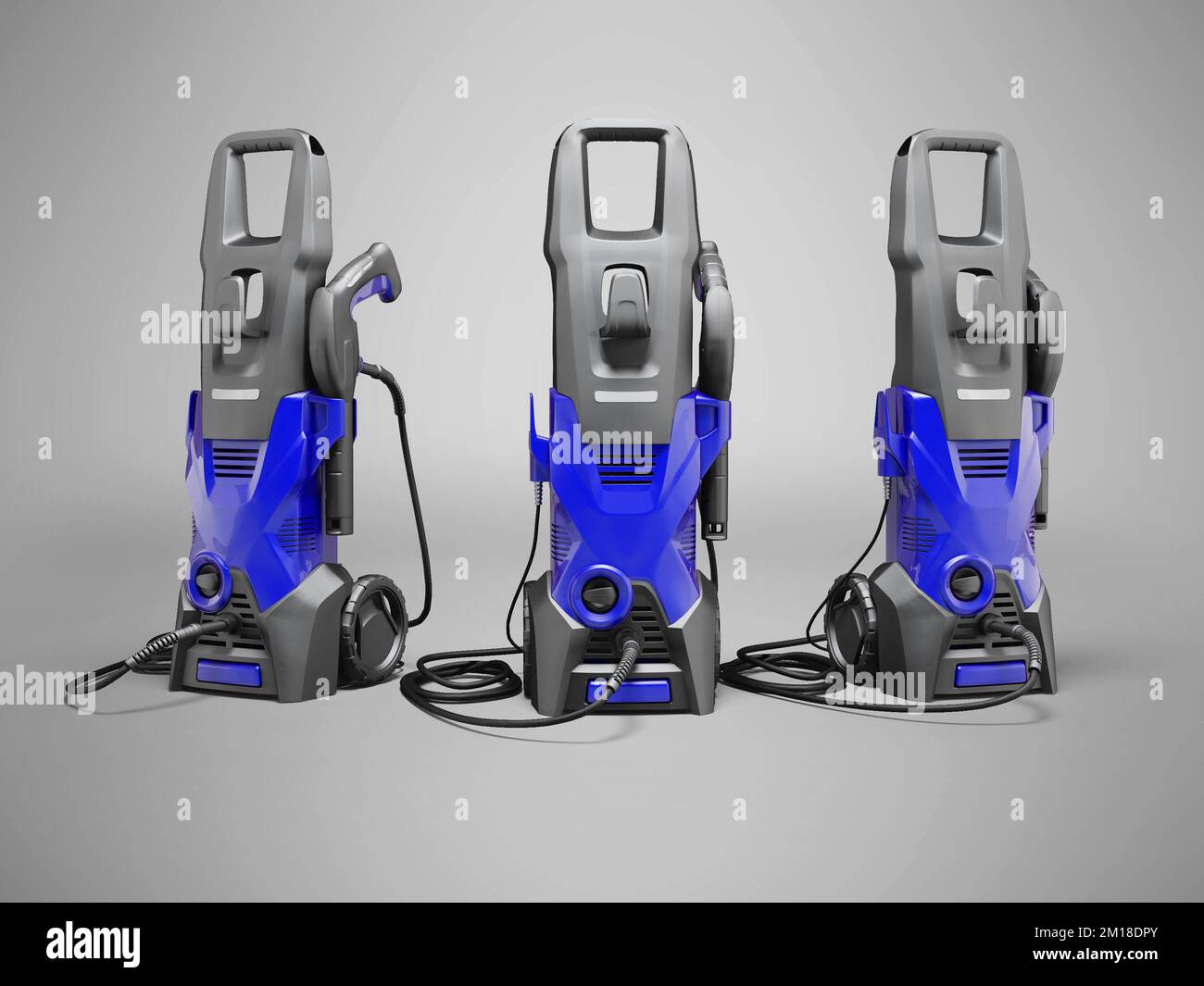 3D illustration of group of electric mini high- pressure washers for ...