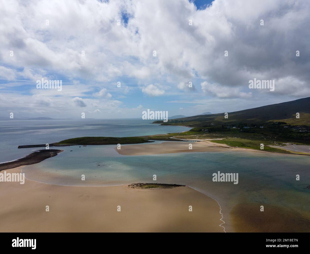 Ireland, Mulranny, gateway to the Achill Island. Drone shot. Low tide ...