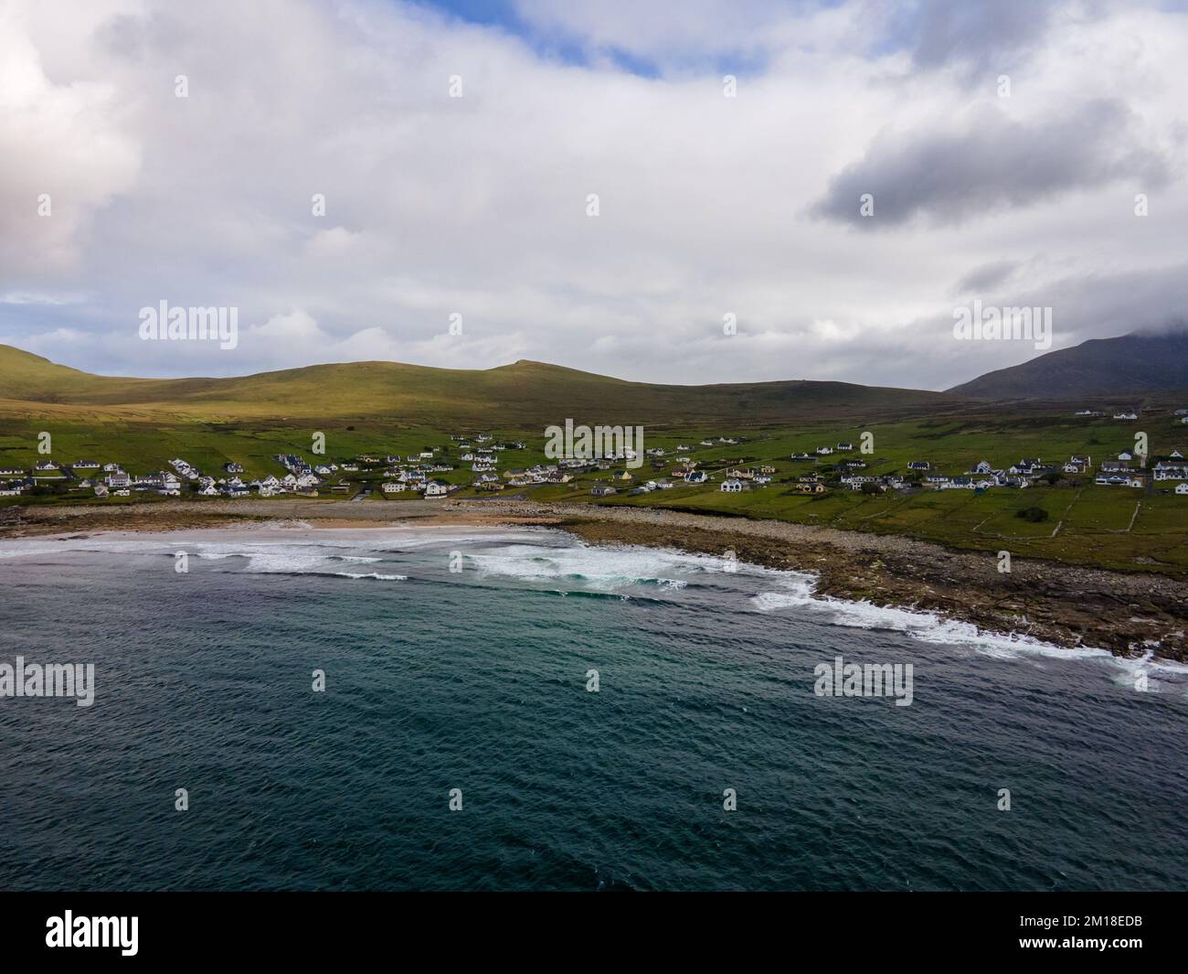 Ireland, County Mayo - 05 30 2022: Dooagh Beach from above, drone shot ...
