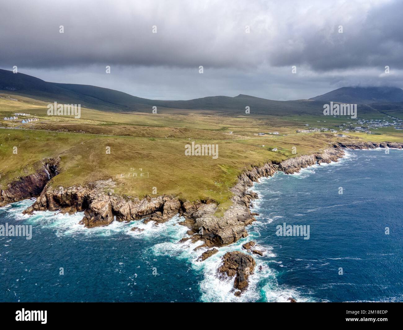 Ireland, Achill Island, EIRE 59 sign, view from above. Drone shot ...