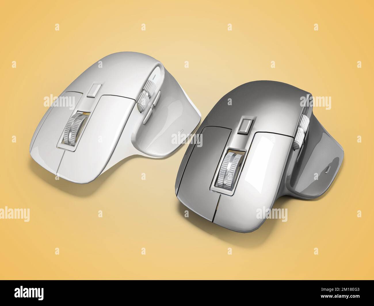 3d illustration of professional two modern computer mice for work on ...